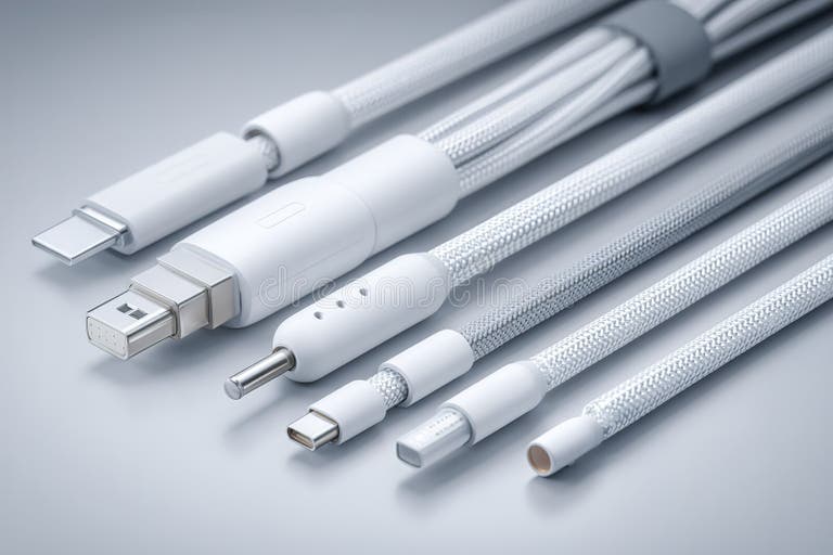 Different Types of Charging Cables Arranged on a Smooth Gray Surface ...