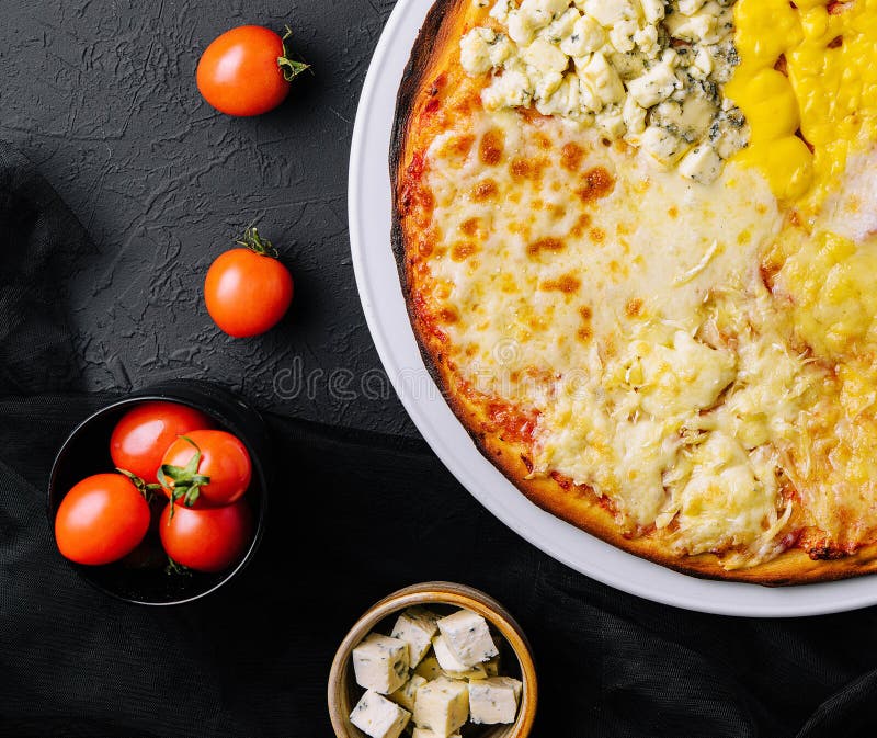 Different Types of Cheese on a Big Pizza Stock Photo - Image of closeup ...