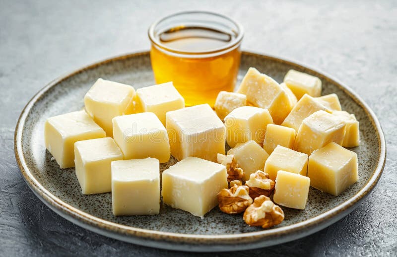 Different Types of Cheese Cubes on Plate, Serving with Honey and Nuts ...