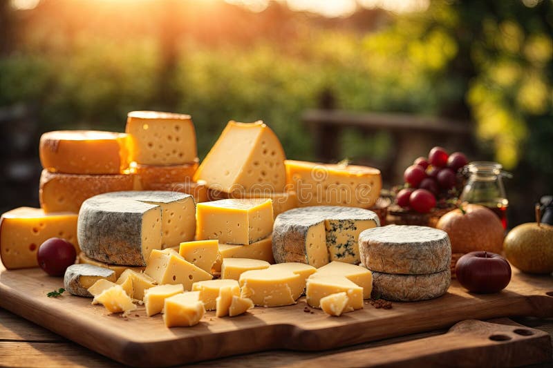 Different Types of Cheese on a Wooden Board Farm Background. Ai ...