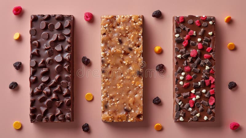 Different Types of Chocolate Bars with Toppings on a Pink Background ...