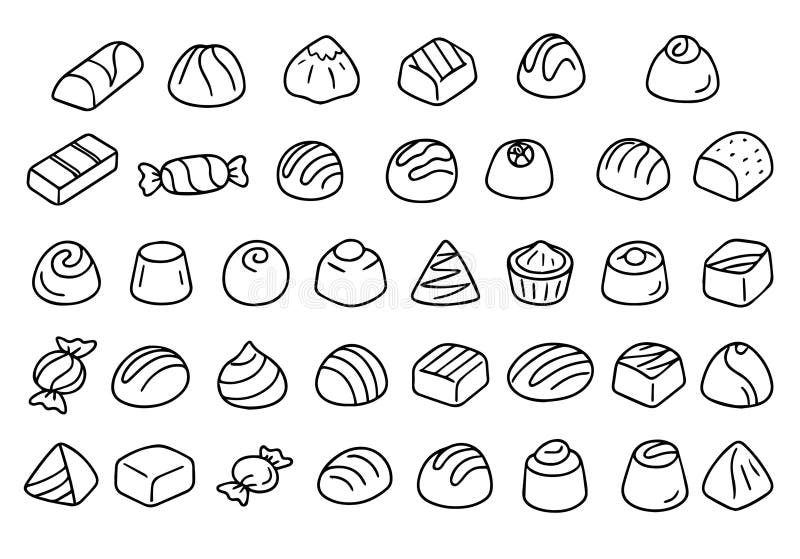 Different Types of Chocolate Candies in Doodle Style. Hand Drawn Vector ...