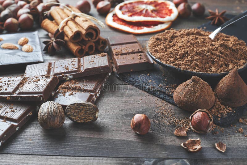 Different Types of Chocolate, Cocoa Powder, Hazelnuts and Other Spices ...