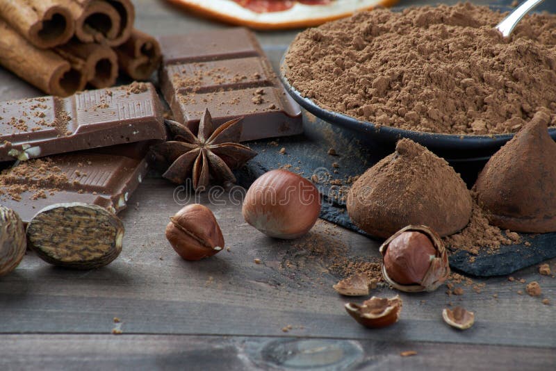 Different Types of Chocolate, Cocoa Powder, Hazelnuts and Other Spices ...