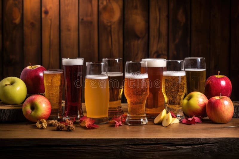 Different Types of Cider Lined Up on a Wooden Table Stock Image - Image ...