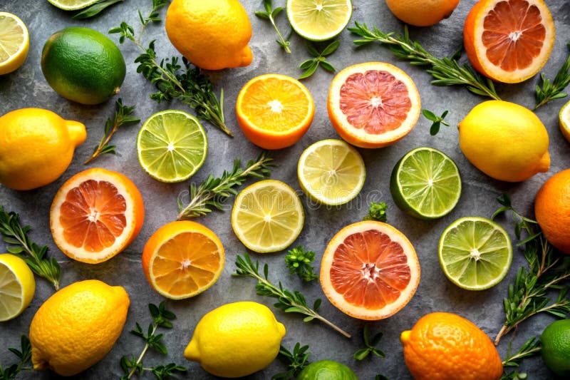 Different Types of Citrus Fruit on Grey Background, Flat Lay. Space for ...