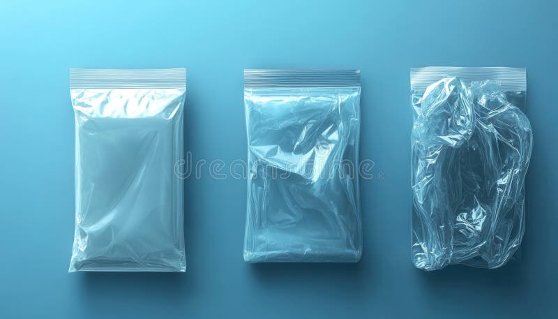 Different Types of Clear Plastic Packaging on a Blue Background Stock ...