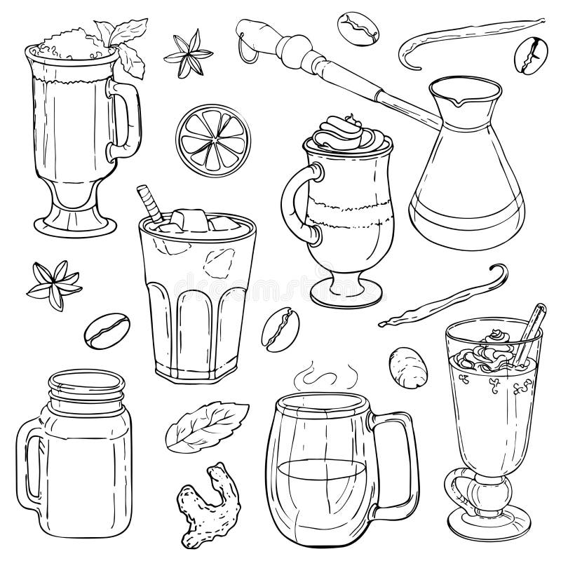 Different Types of Coffee. Outline Background Stock Vector ...