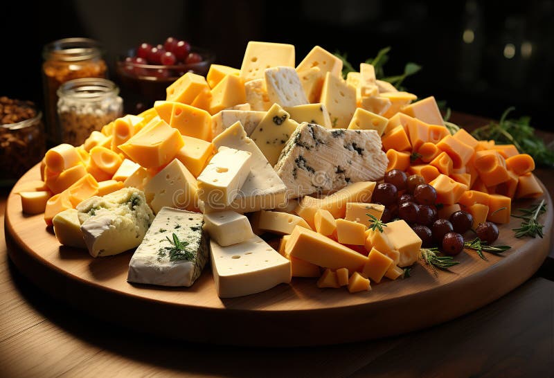 Various Types of Cheese on Rustic Wooden Table. Created with Generative ...