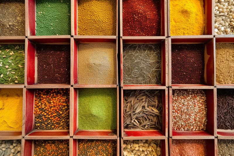 Different Types of Condiments or Spices Arranged in Boxes. Conceptual ...