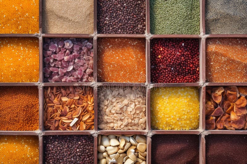 Different Types of Condiments or Spices Arranged in Boxes. Conceptual ...