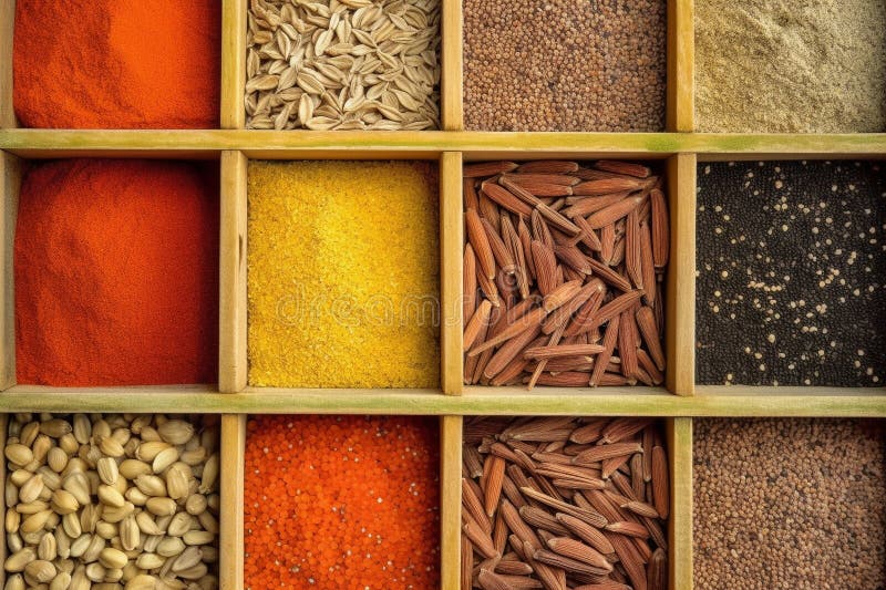 Different Types of Condiments or Spices Arranged in Boxes. Conceptual ...