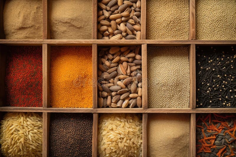 Different Types of Condiments or Spices Arranged in Boxes. Conceptual ...