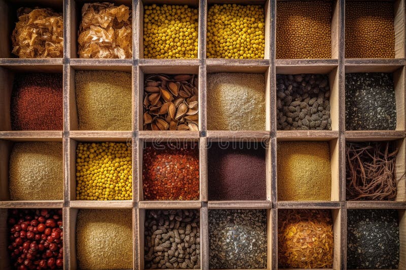 Different Types of Condiments or Spices Arranged in Boxes. Conceptual ...