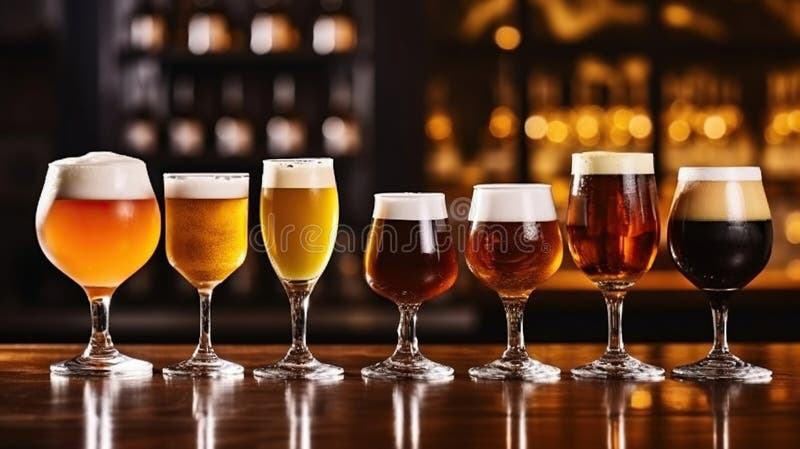 Different Types of Craft Beer in Glasses on Table in Pub Interior in ...