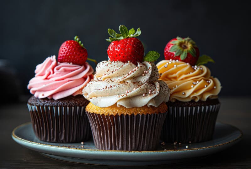 Different Types of Cupcakes Sitting on a Plate with Strawberries in ...