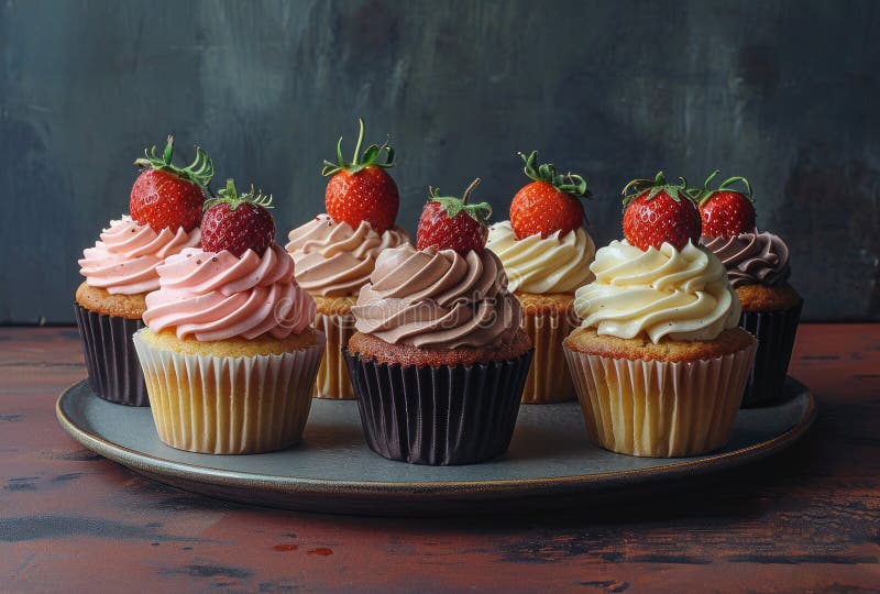Different Types of Cupcakes Sitting on a Plate with Strawberries in ...