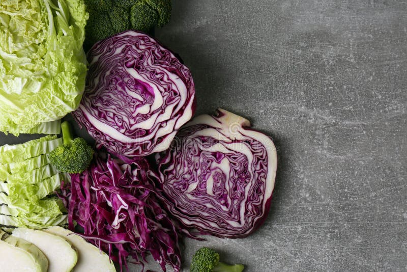 Different Types of Cut Cabbage on Grey Table, Flat Lay. Space for Text ...