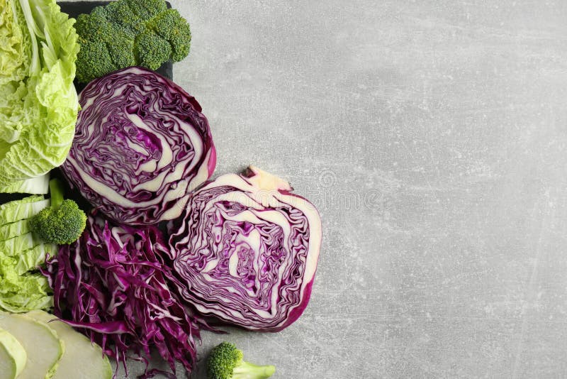 Different Types of Cut Cabbage on Light Grey Table, Flat Lay. Space for ...