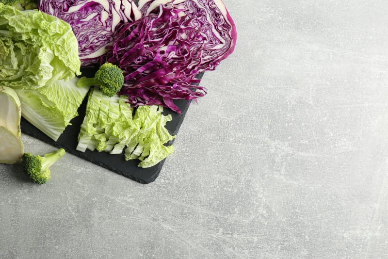 Different Types of Cut Cabbage on Light Grey Table, Flat Lay. Space for ...