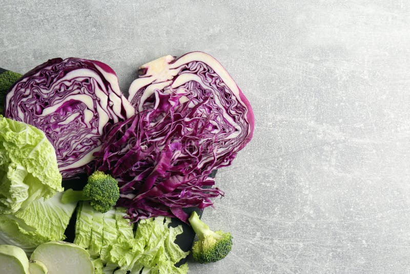 Different Types of Cut Cabbage on Light Grey Table, Flat Lay. Space for ...