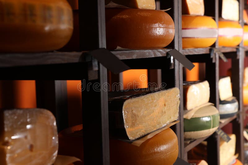 Different Types of Delicious Cheeses on Rack Stock Photo - Image of ...