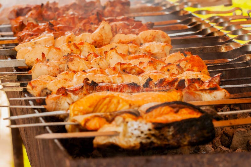 Different Types of Delicious Meat, Fish on Skewers Stock Photo - Image ...