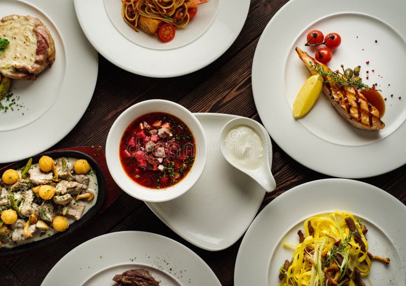 Different Types of Dishes on the Table, Top View. Concept for Re Stock ...