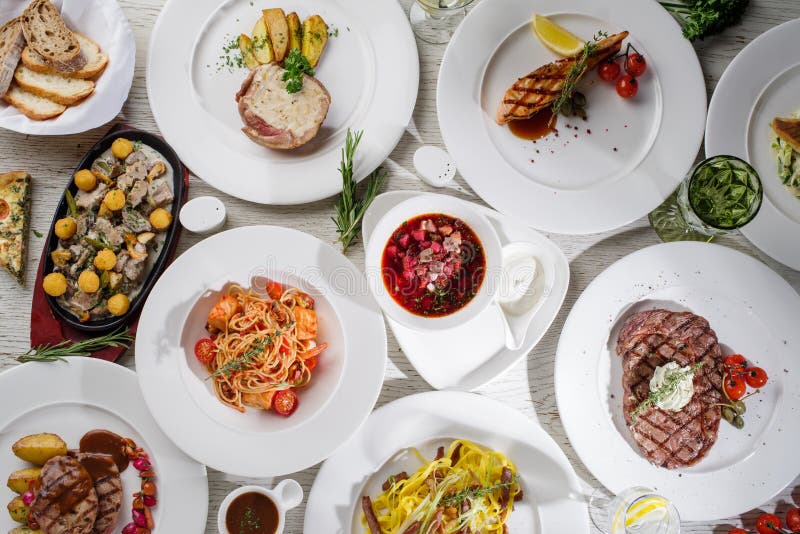 Different Types of Dishes on the Table, Top View. Concept for Re Stock ...