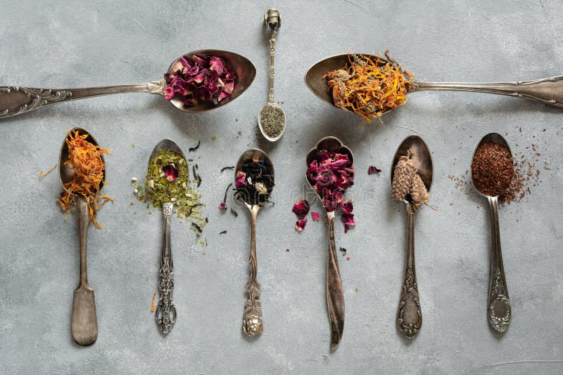 Different Types of Dry Tea in Vintage Spoons. Stock Image - Image of ...