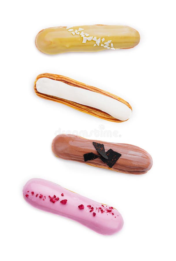Different Types of Eclairs with Different Glazes Isolated on White ...