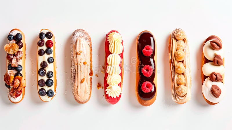 Different Types of Eclairs Topped with Nuts, Berries and Chocolate on a ...