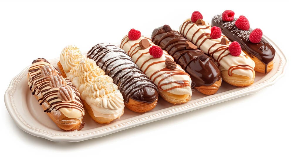 Different Types of Eclairs Topped with Nuts, Berries and Chocolate on a ...