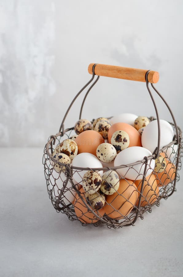Different Types of Eggs in a Basket on a Gray Concrete Background ...