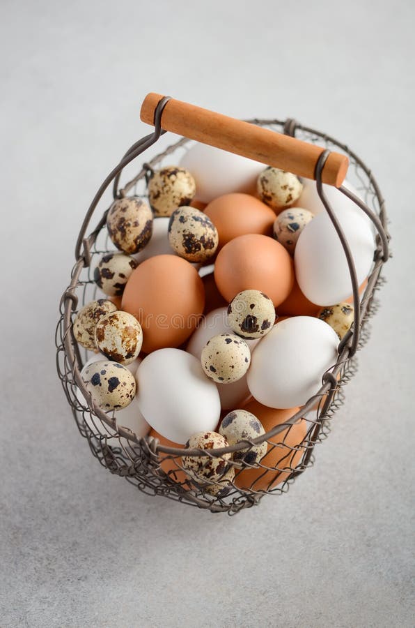Different Types of Eggs in a Basket on a Gray Concrete Background ...