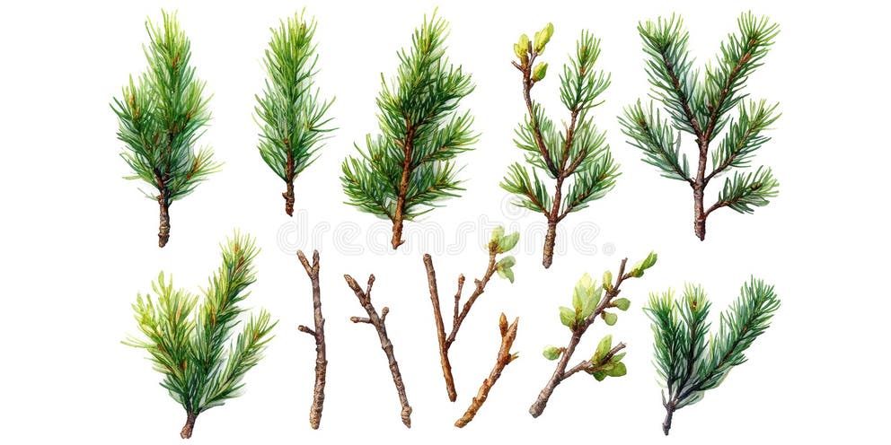 Different Types of Evergreen Branches with Needles and Buds Isolated on ...