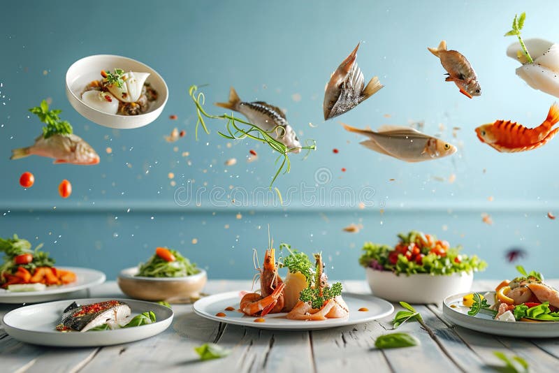 Different Types of Fish and Seafood Cooked Flying and Floating in the ...