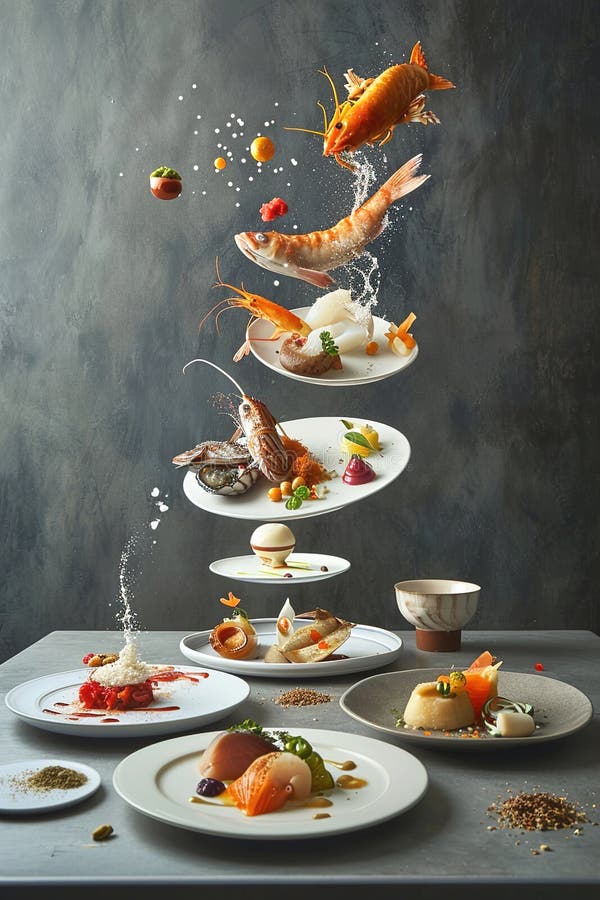 Different Types of Fish and Seafood Cooked Flying and Floating in the ...