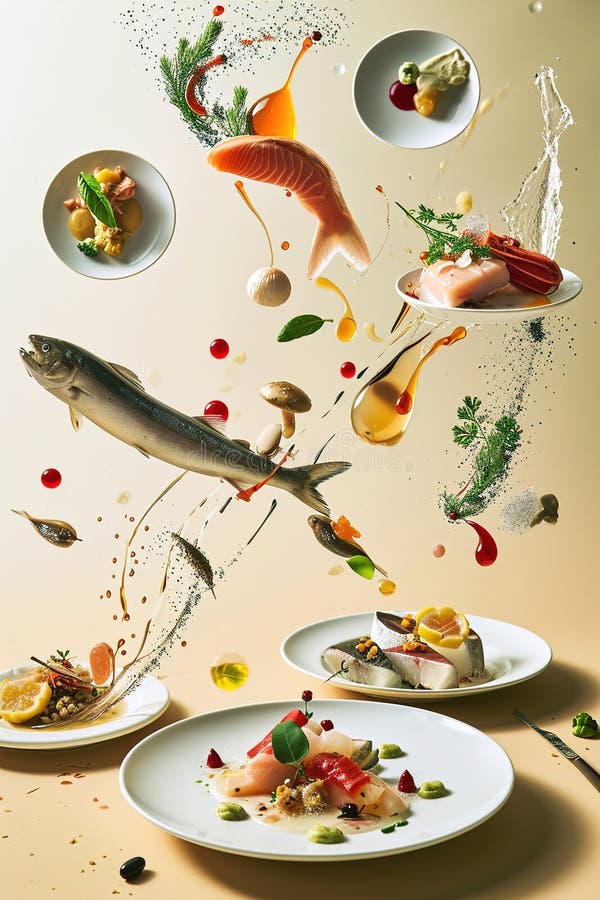 Different Types of Fish and Seafood Cooked Flying and Floating in the ...