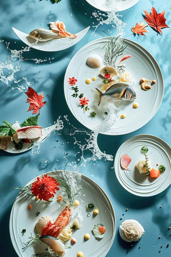 Different Types of Fish and Seafood Cooked Flying and Floating in the ...