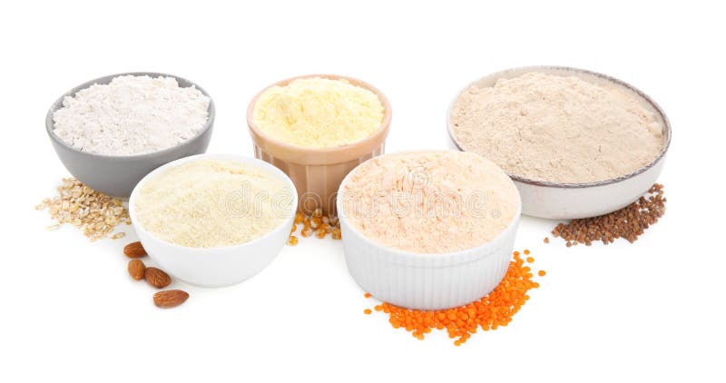 Different Types of Flour in Bowls on White Background Stock Image ...