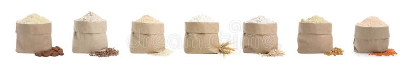 Different Types of Flour in Paper Bags and Ingredients on White ...