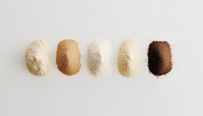 Different Types of Flour on White Background, Flat Lay Stock Photo ...