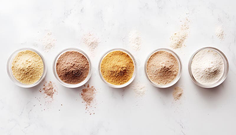 Different Types of Flour on White Background, Flat Lay Stock Image ...