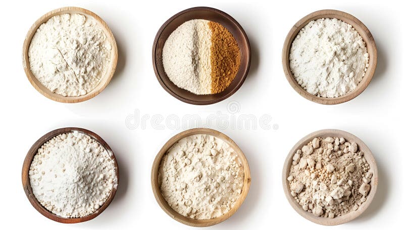Different Types of Flour on White Background, Top and Side Views ...