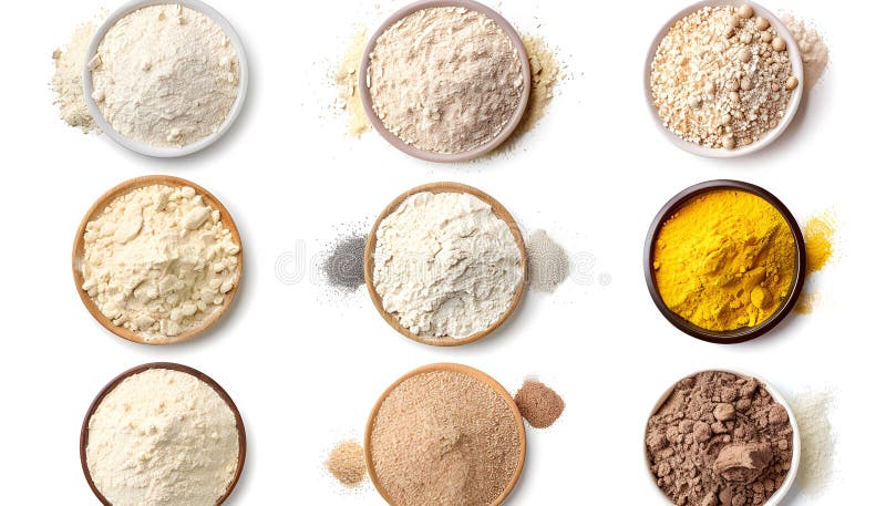 Different Types of Flour on White Background, Top and Side Views ...