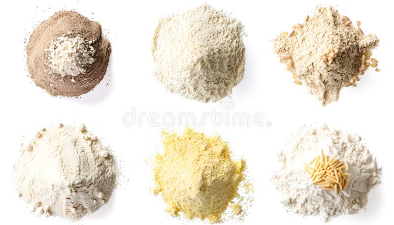 Different Types of Flour on White Background, Top and Side Views ...