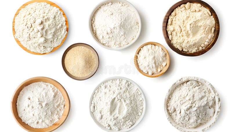 Different Types of Flour on White Background, Top and Side Views ...