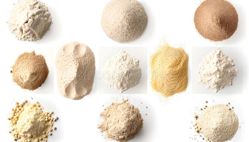 Different Types of Flour on White Background, Top and Side Views ...