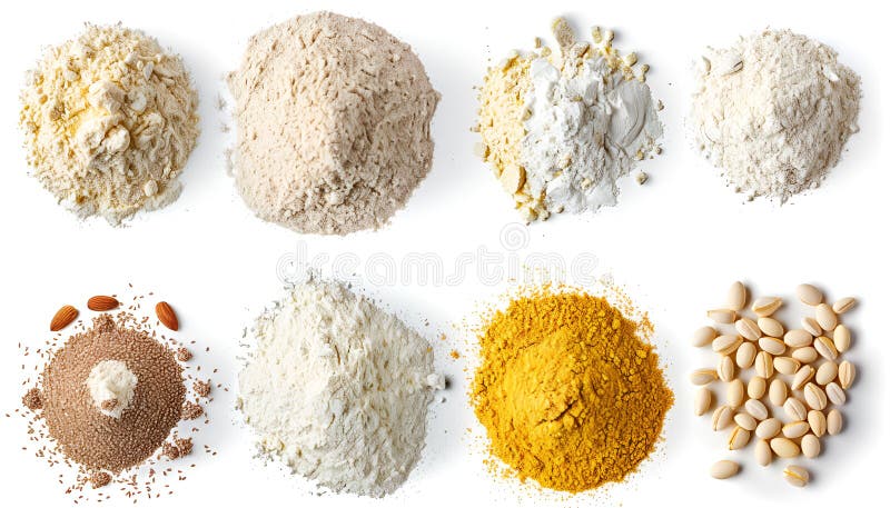Different Types of Flour on White Background, Top and Side Views ...